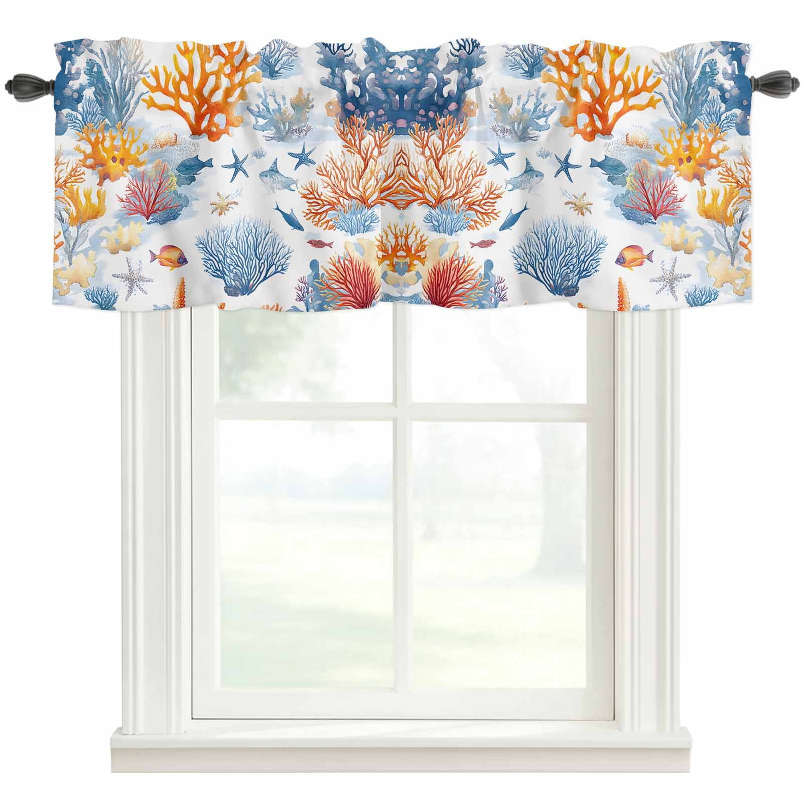 Blue Red Coral Window Valance Curtain Starfish Shell Fish Rod Pocket ...