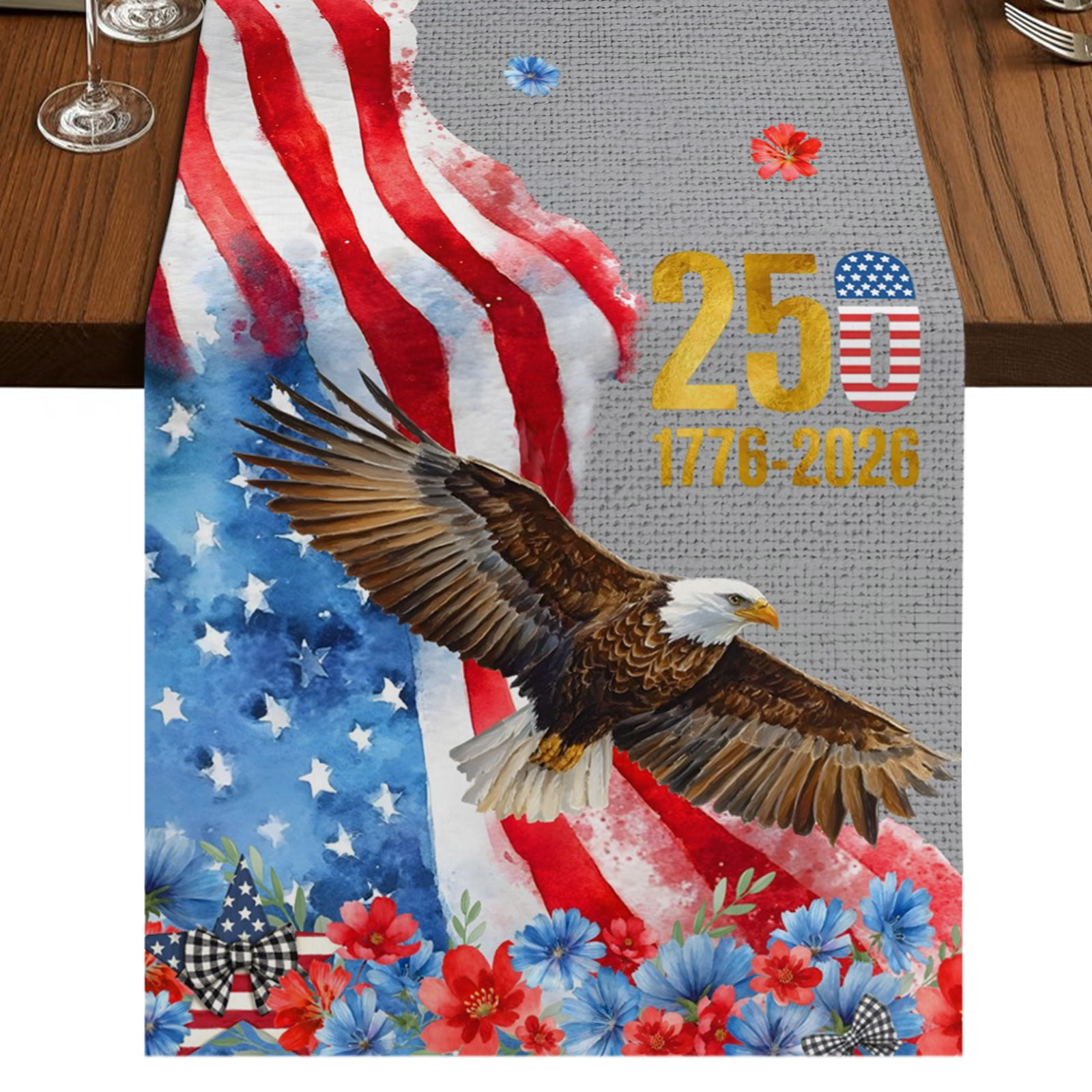 Blue Red Eagle 4th of July Burlap Cotton Table Runner 13x90 Inches Long ...
