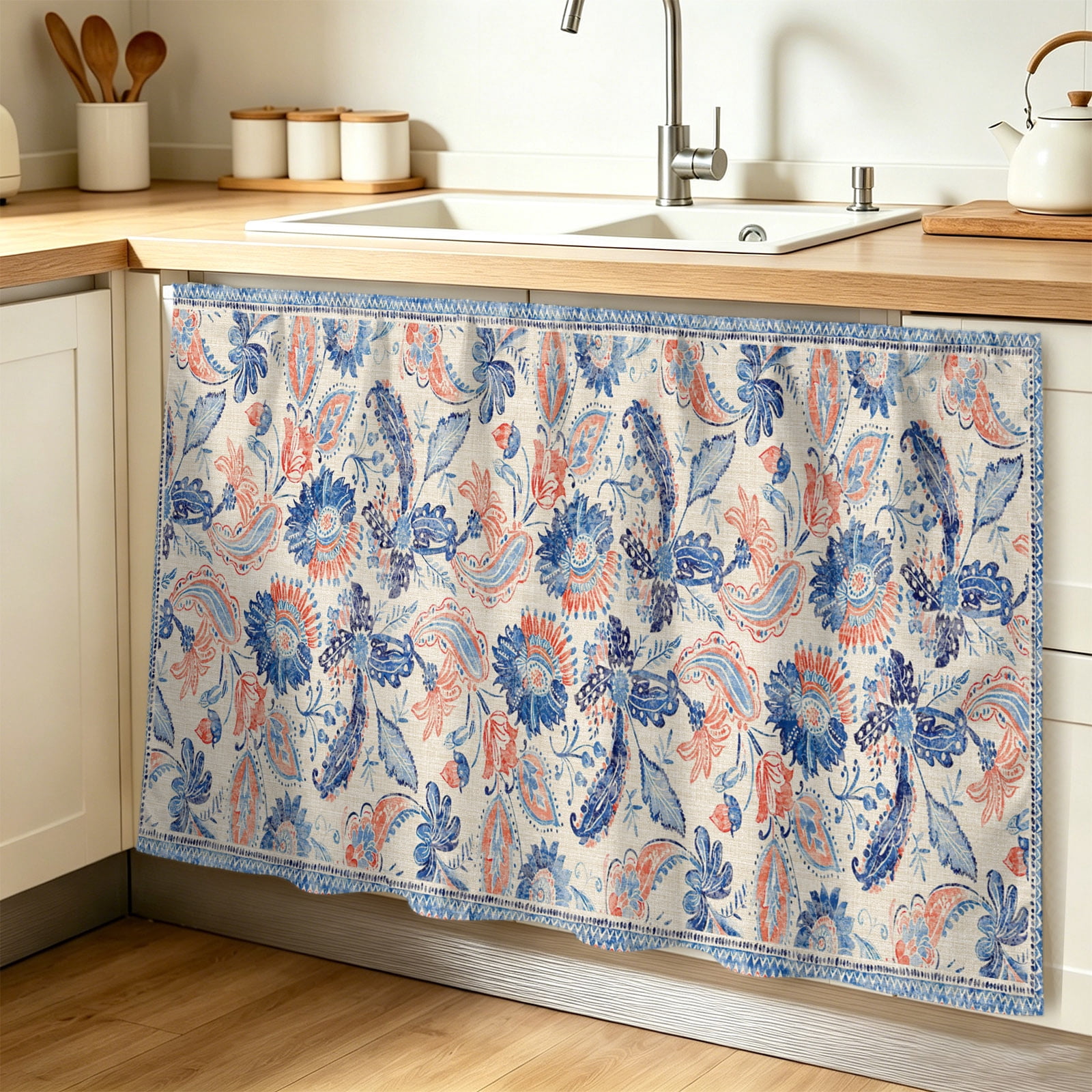 Blue Red Ethnic Cabinet Curtains for Shelves, Vintage Modern Geometric ...