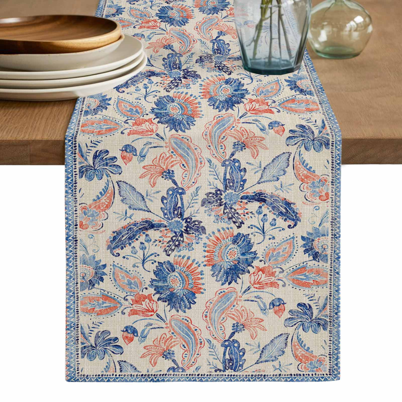 Blue Red Ethnic Table Runner, Vintage Modern Geometric Abstract Art ...