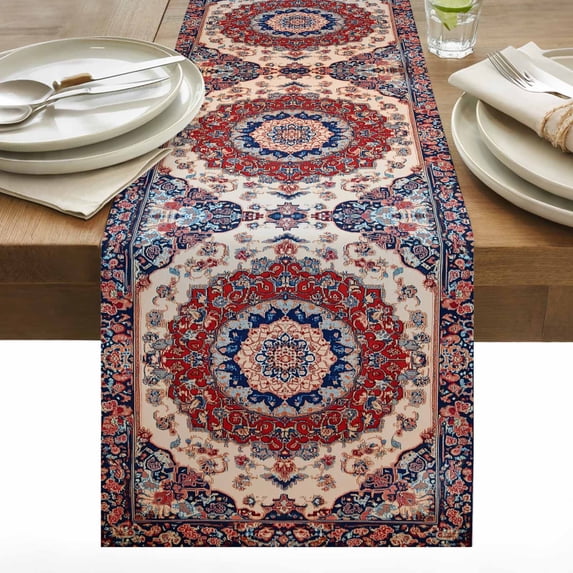 Blue Red Floral Table Runner 13x36 inch Ethnic Oriental Cotton Linen ...