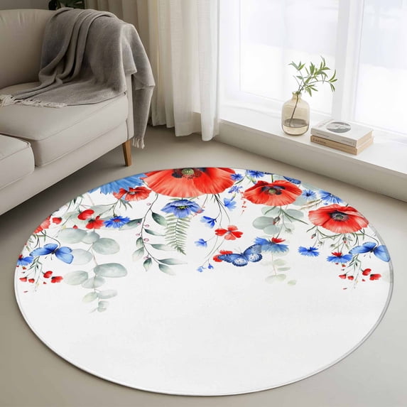 Blue Red Flower 3.3' Round Rug for Bedroom Reading Corner, Eucalyptus ...