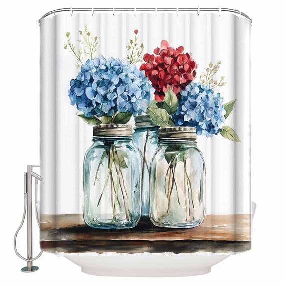 Blue Red Flower Bathroom Shower Curtains with 12 Hooks Polyester ...