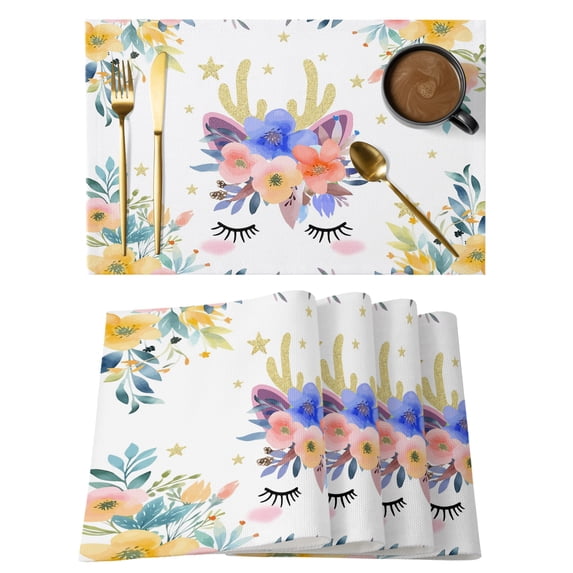 Blue Red Flower Cotton Linen Placemats Set of 6, Antlers Yellow Flowers ...