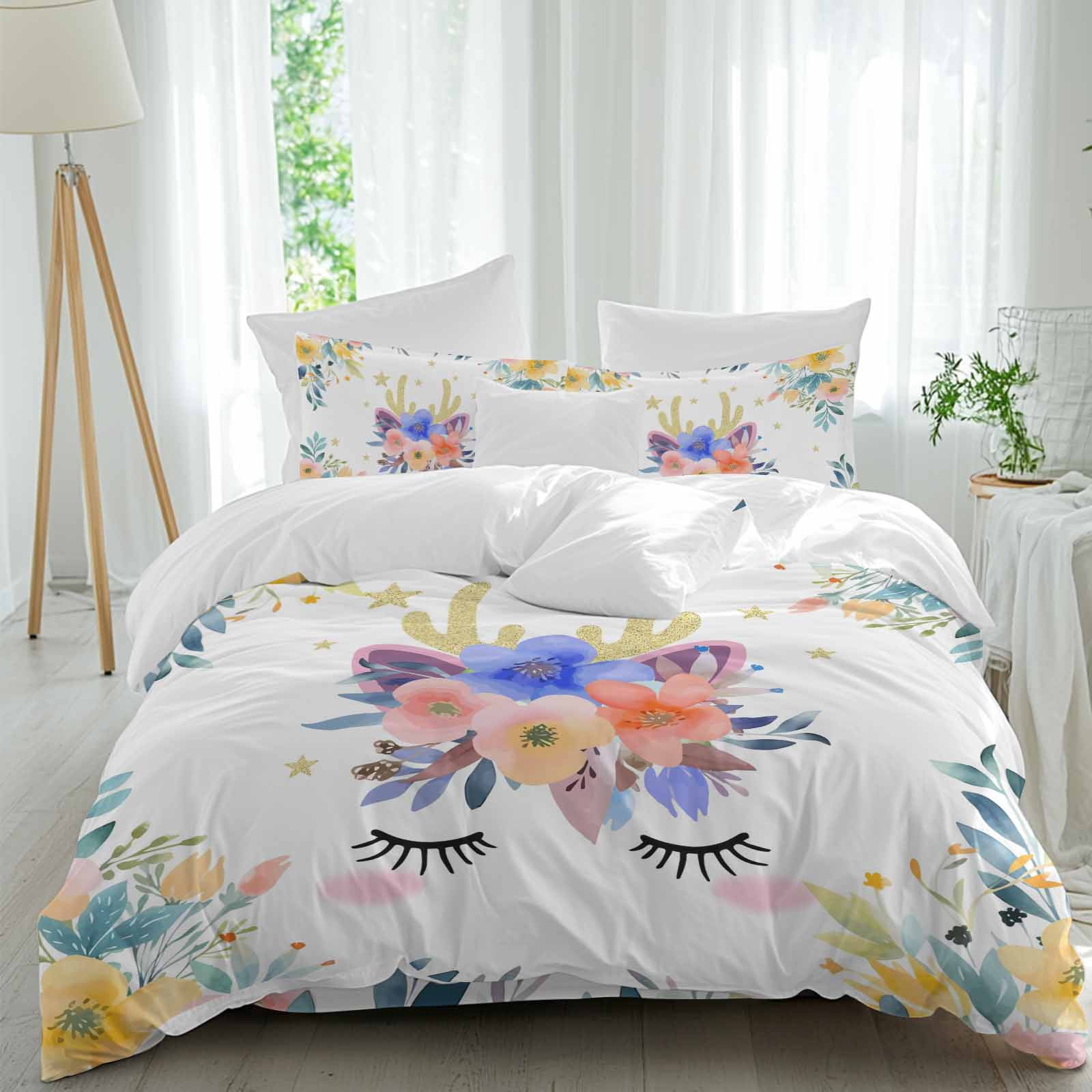 Blue Red Flower Duvet Cover Set Queen Size, Antlers Yellow Flowers Leaf ...