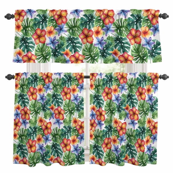 Blue Red Flower Kitchen Curtains Set for Windows, Green Leaf Tropical ...