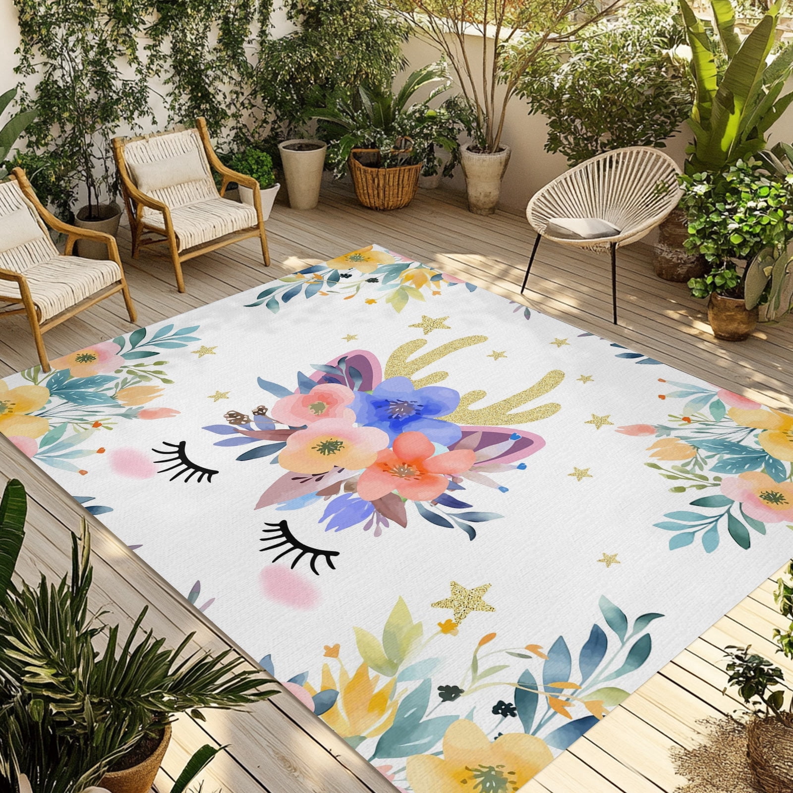 Blue Red Flower Outdoor Rug, Antlers Yellow Flowers Leaf Watercolor Non ...