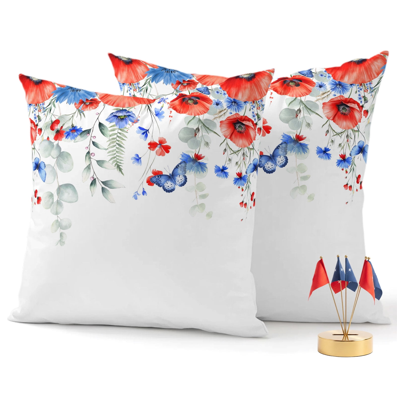 Blue Red Flower Outdoor Waterproof Pillow Covers Set of 2, Eucalyptus ...