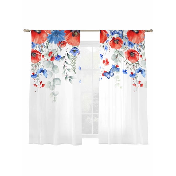Blue Red Flower Sheer Curtains 2 Panels Set Eucalyptus Leaves Spring ...