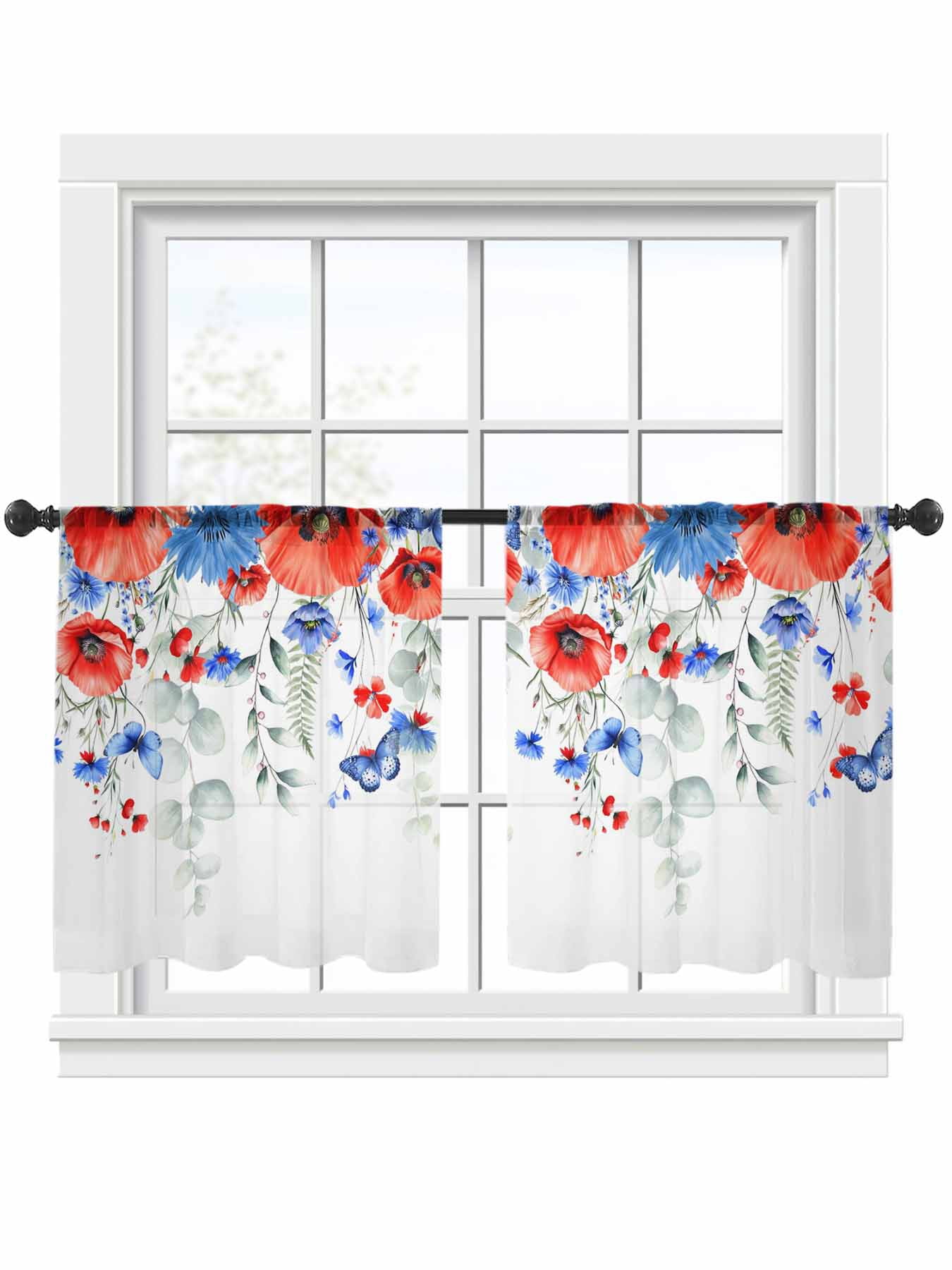 Blue Red Flower Sheer Curtains 2 Panels Set Eucalyptus Leaves Spring ...