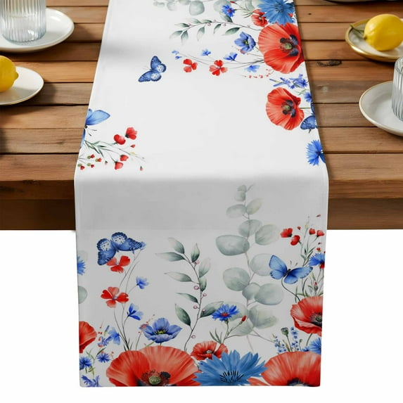 Blue Red Flower Table Runner, Eucalyptus Leaves Spring Plant Butterfly ...