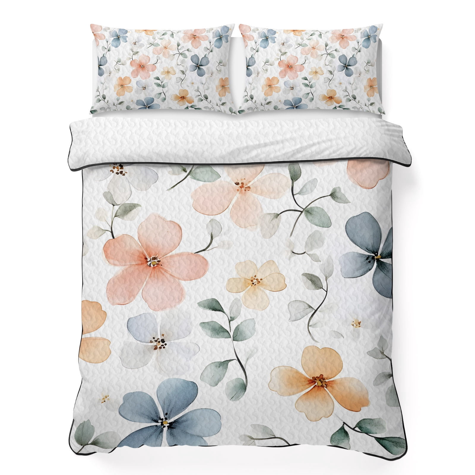 Blue Red Flowers 3 Piece Quilt Bedding Set with 2 Pillow Shams, Spring ...