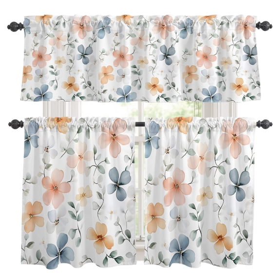 Blue Red Flowers Kitchen Curtains Set for Windows, Spring Watercolor ...