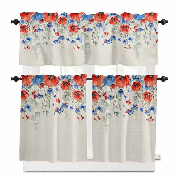 Blue Red Flowers Kitchen Curtains Valances and Tiers Vintage Eucalyptus ...