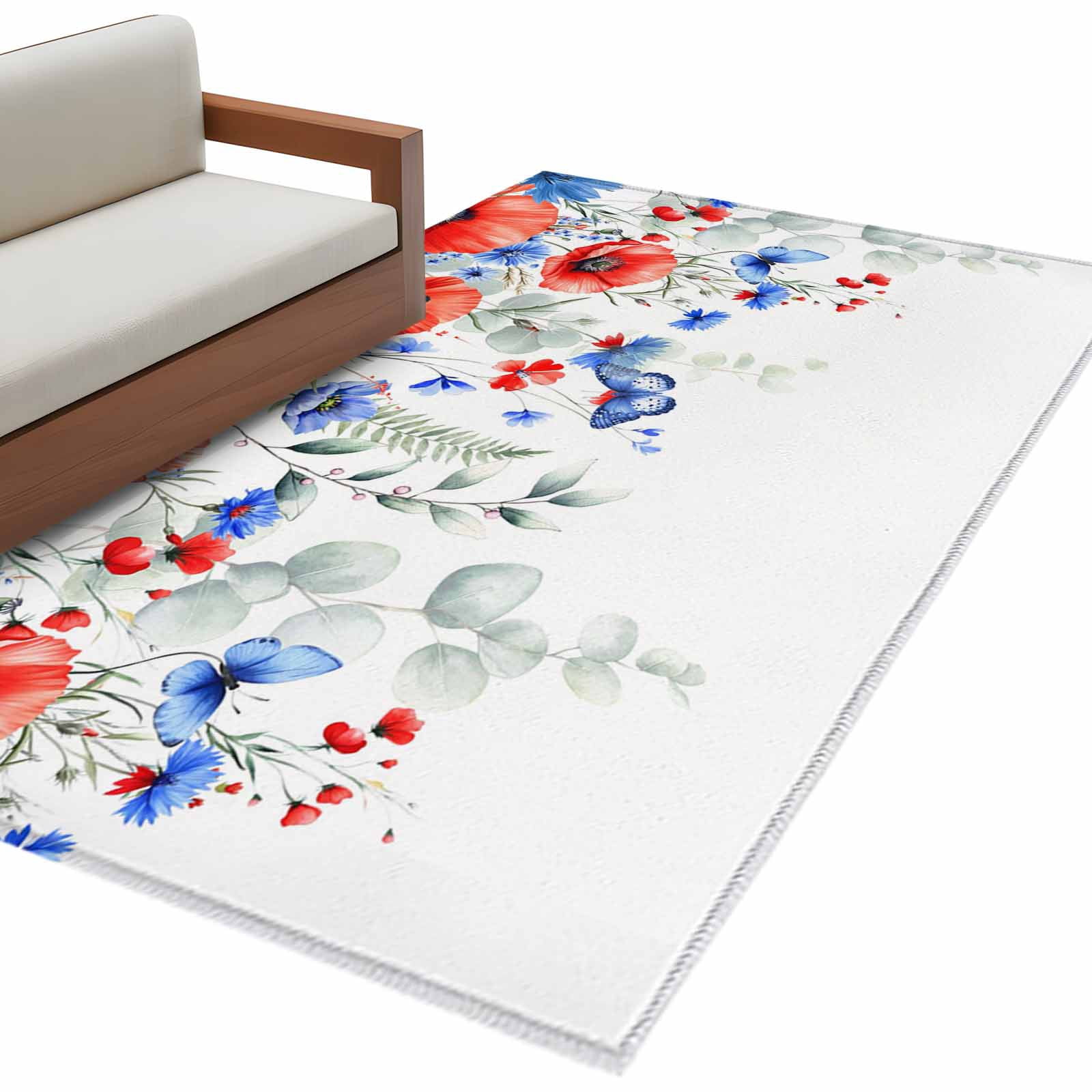 Blue Red Flowers Large Area Rugs for Bedroom Living Room, Soft Non Slip ...