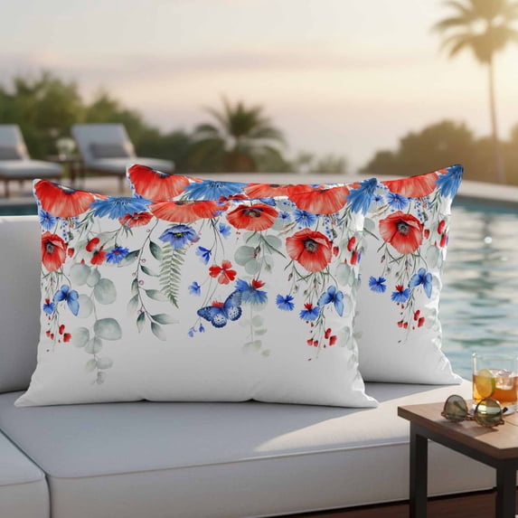 Blue Red Flowers Outdoor Pillow Covers 20x12 Inch Lumbar Pillow Covers ...