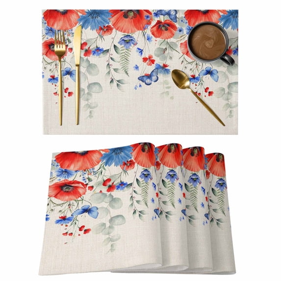 Blue Red Flowers Placemats Set of 8, Elegant Spring Floral Butterfly ...