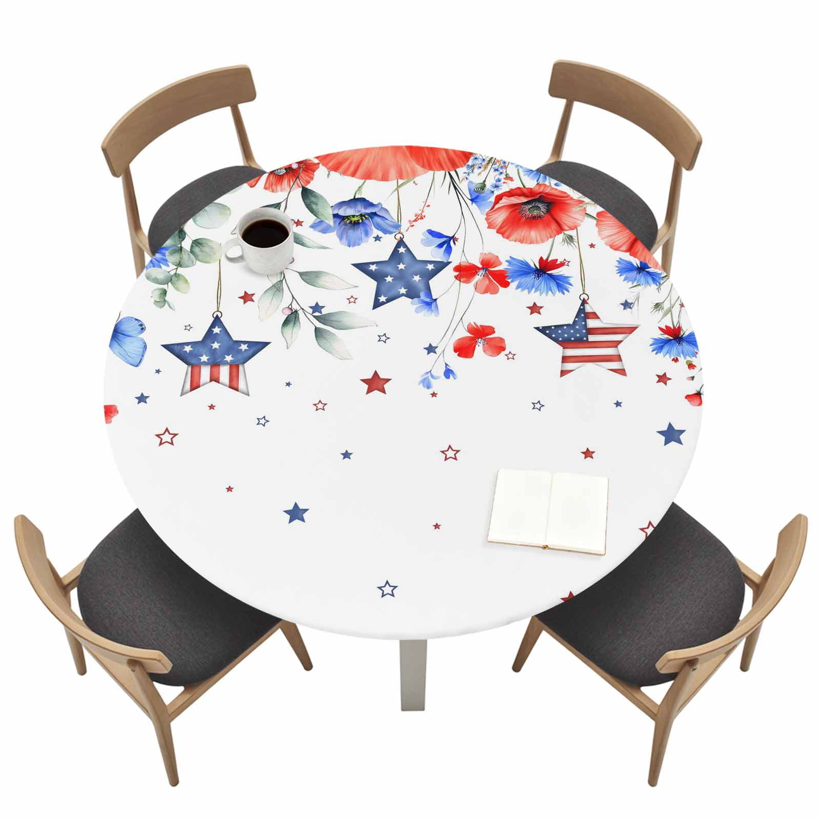 Blue Red Flowers Round Fitted Tablecloth with Elastic Edge Independence ...