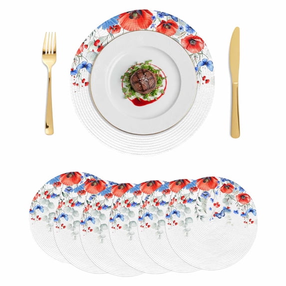 Blue Red Flowers Round Placemats Set of 6 Elegant Spring Floral ...