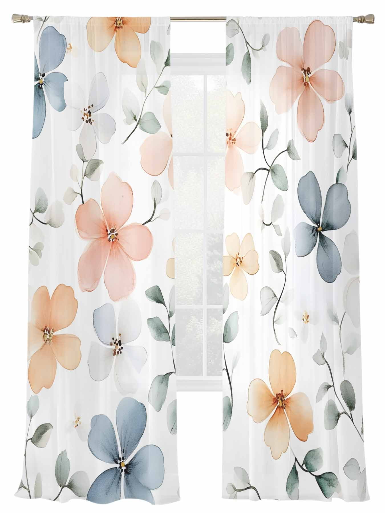 Blue Red Flowers Sheer Curtains 108 Inch Long 2 Panels, Spring Watercolor Leaves Floral Light ...