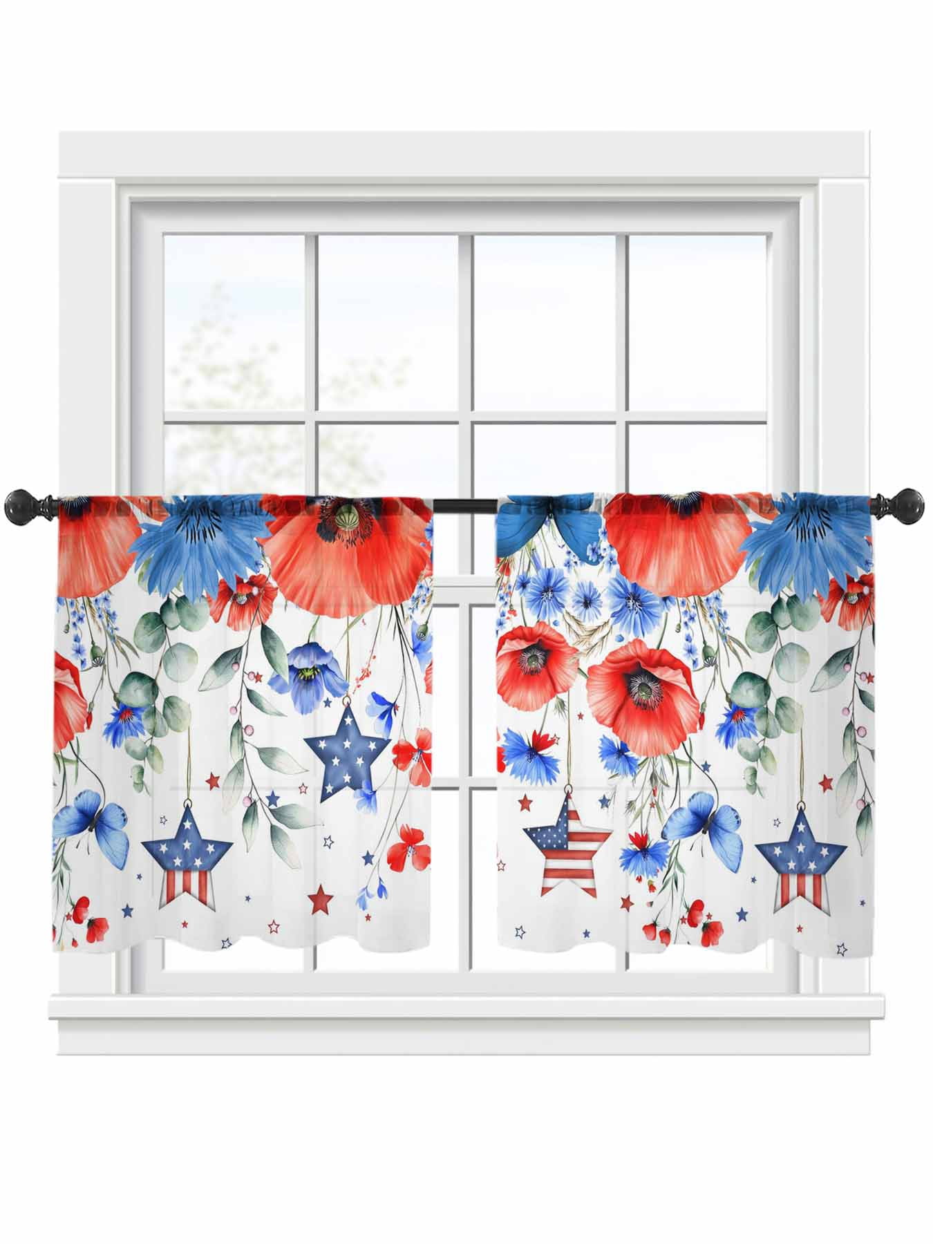 Blue Red Flowers Sheer Curtains 2 Panels Set Independence Day Flag Star ...