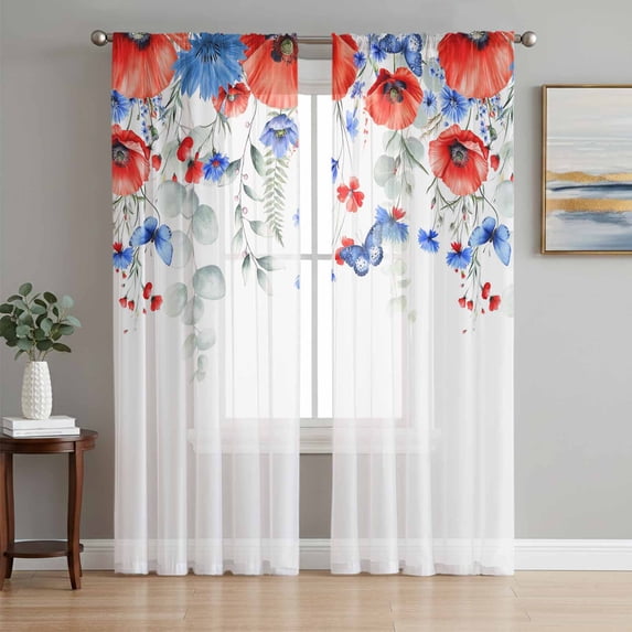 Blue Red Flowers Sheer Curtains 84 Inch Length 2 Panels Set, Elegant ...