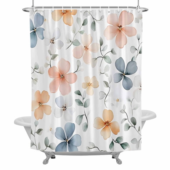 Blue Red Flowers Shower Curtain for Bathroom, Spring Watercolor Leaves ...