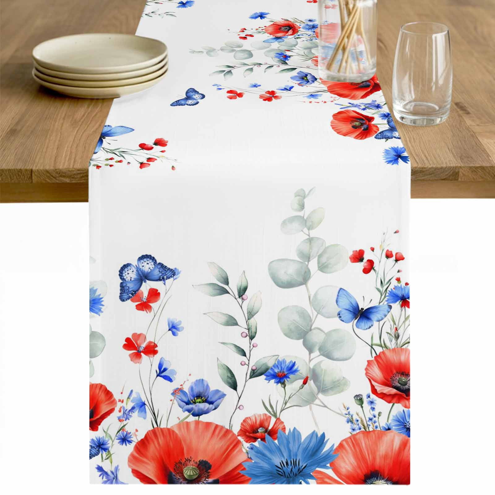 Blue Red Flowers Table Runner - 120 Inch Long Elegant Spring Floral ...