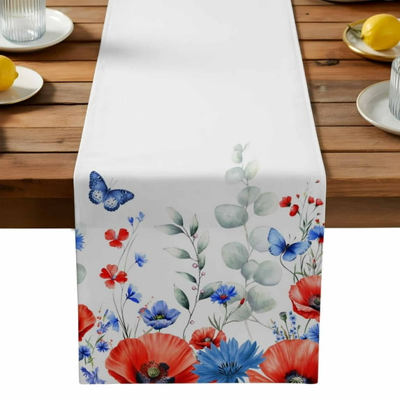 Blue Red Flowers Table Runner, Eucalyptus Leaves Spring Plant Butterfly ...