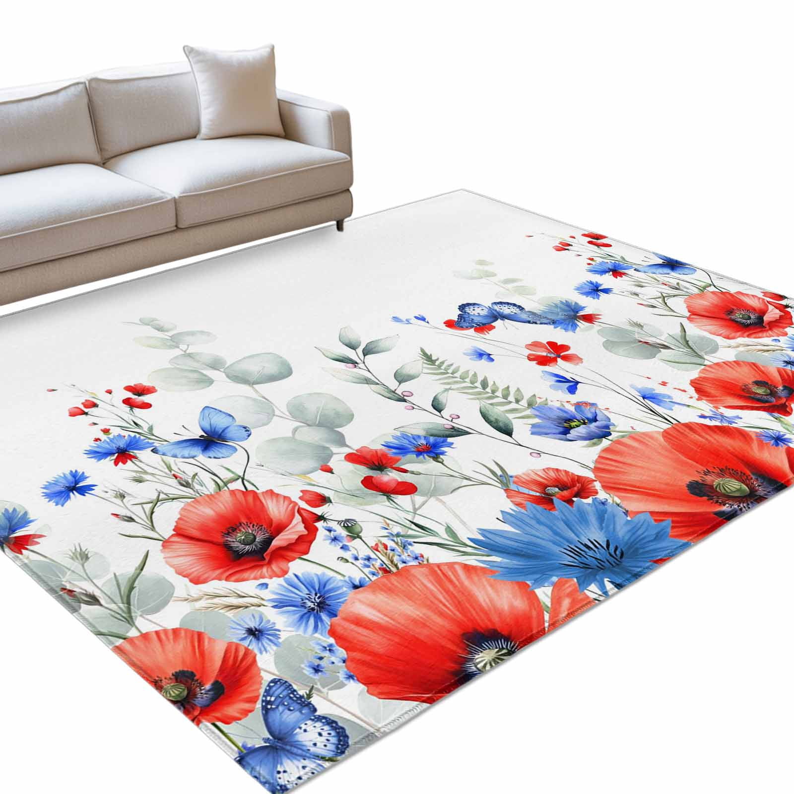 Blue Red Flowers Washable Rug 2.7x5 Area Rug for Living Room Bedroom ...
