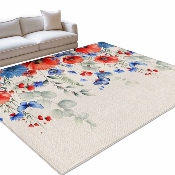 Blue Red Flowers Washable Rug 2.7x5 Area Rug for Living Room Bedroom ...