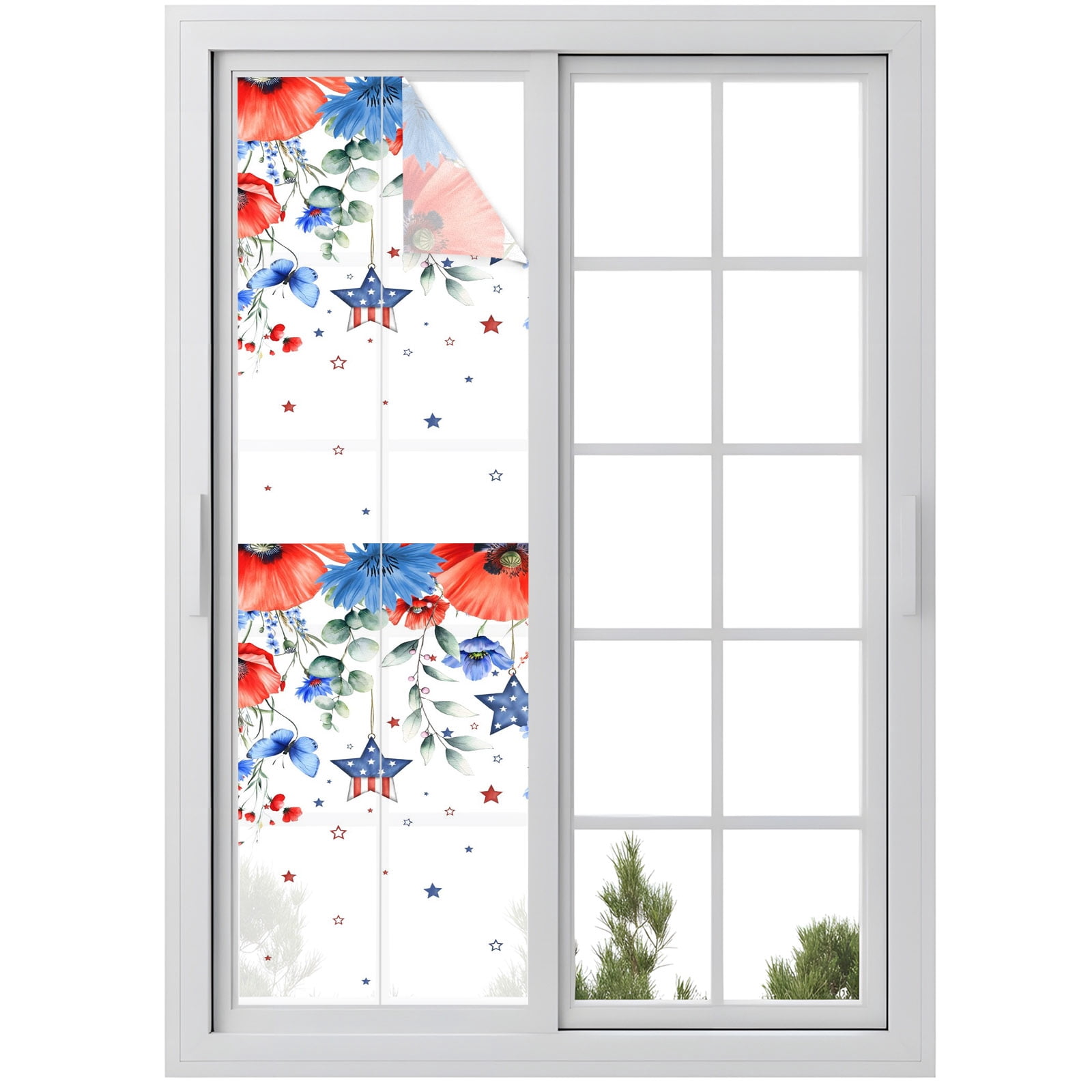 Blue Red Flowers Window Privacy Film, Independence Day Flag Star ...