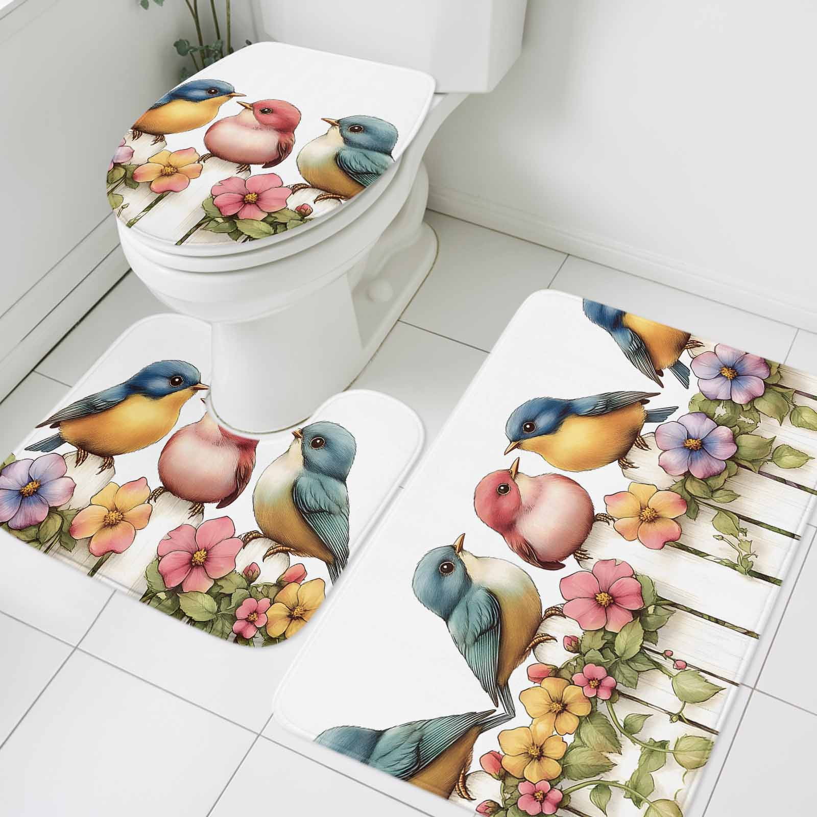 Blue Red Geen Bird Bathroom Rugs Set Spring Pink Flower White Fence ...