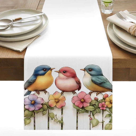 Blue Red Geen Bird Cotton Linen Table Runner Spring Pink Flower White ...