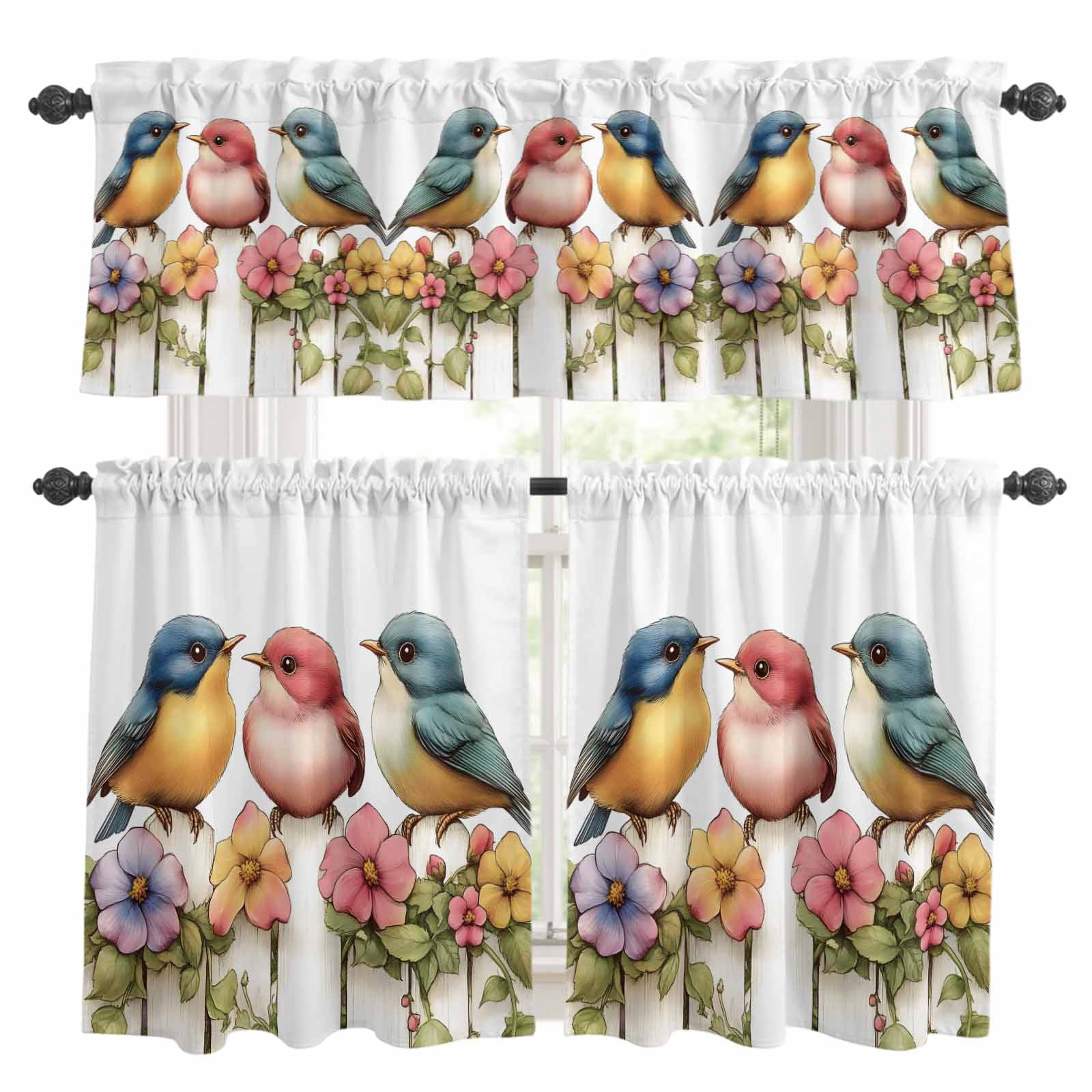 Blue Red Geen Bird Kitchen Curtains Set for Windows, Spring Pink Flower ...
