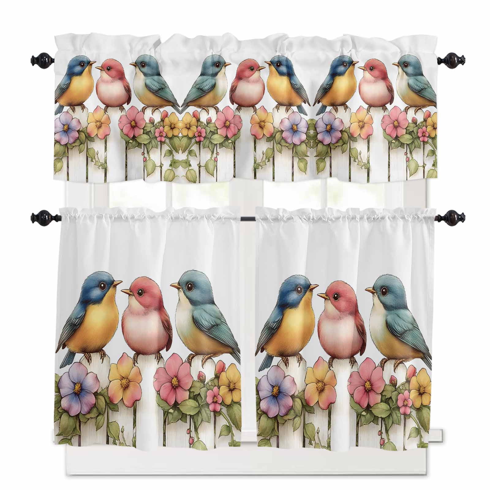 Blue Red Geen Bird Kitchen Curtains Valances and Tiers Set of 3 Spring ...