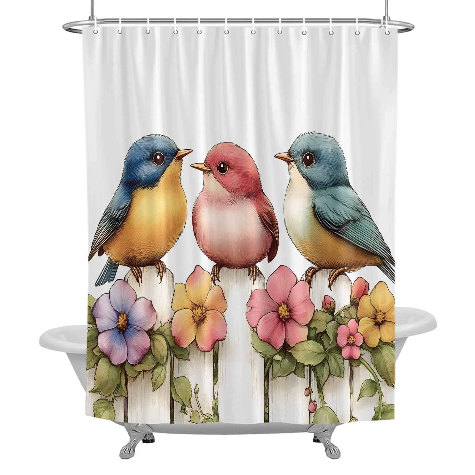 Blue Red Geen Bird Shower Curtain for Bathroom, Spring Pink Flower ...