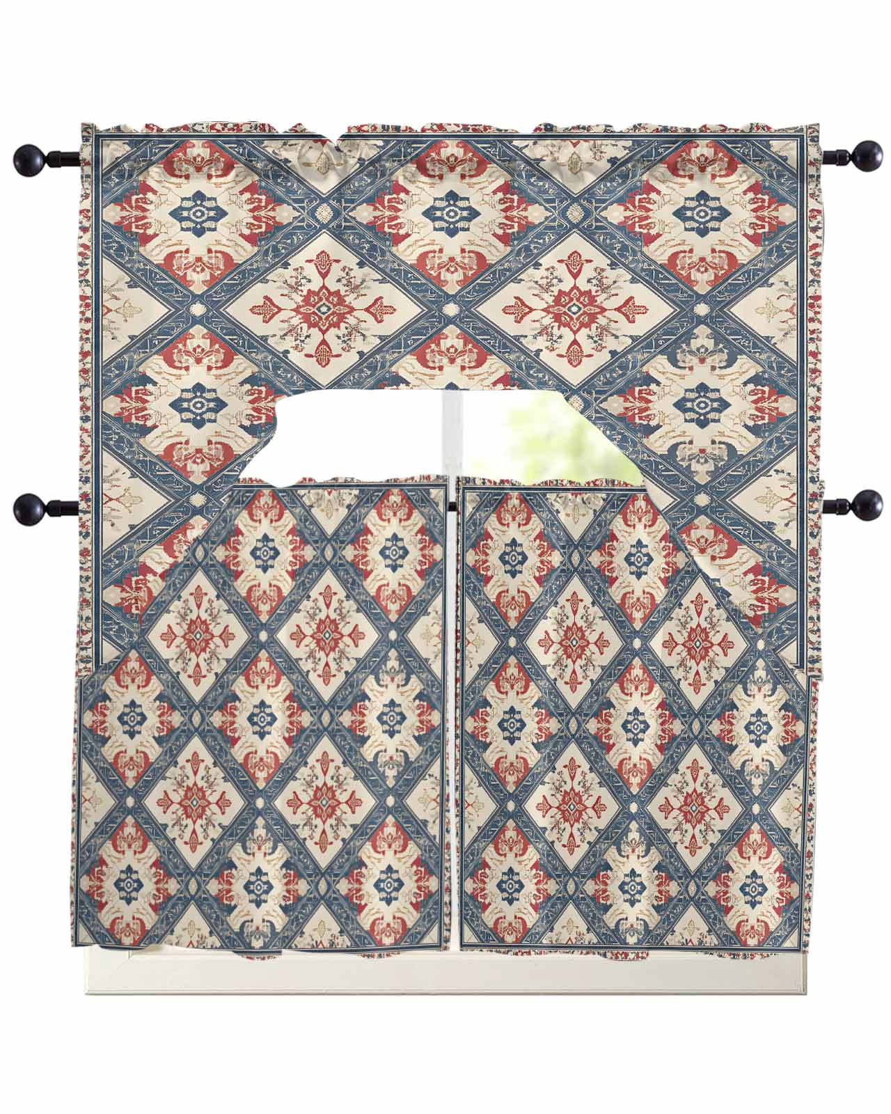 Blue Red Geometric Kitchen Curtains Set for Windows 3 Piece Cafe ...