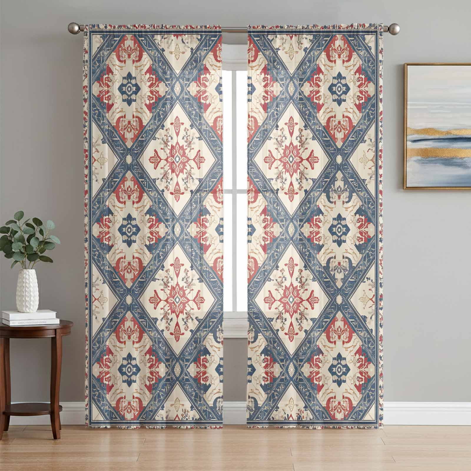 Blue Red Geometric Sheer Curtains 72 Inch Length 2 Panels Set, Vintage ...