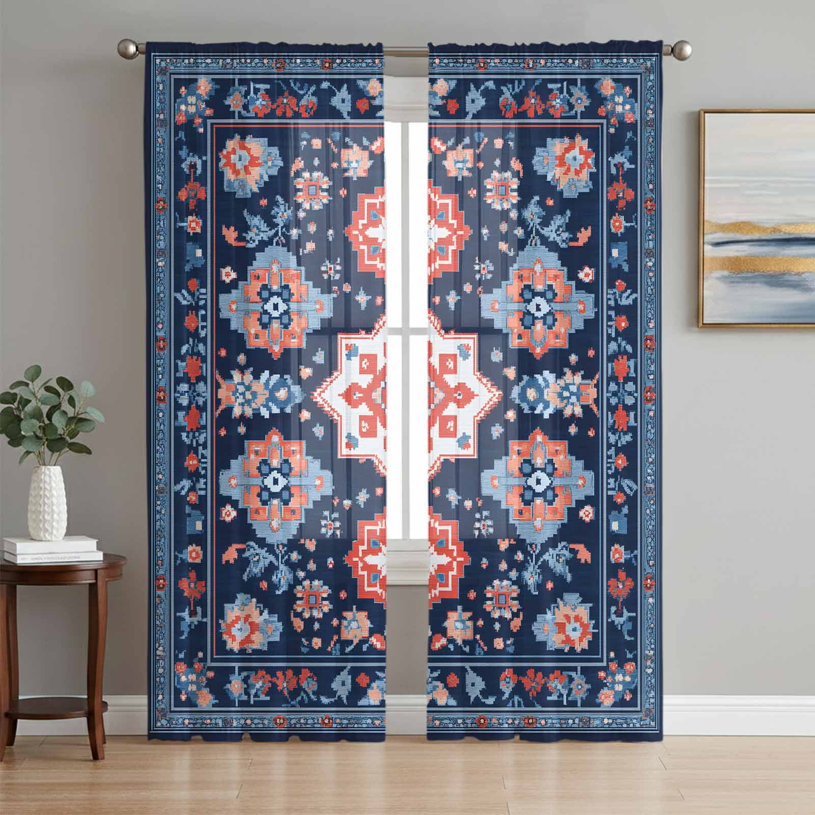 Blue Red Geometric Sheer Curtains 84 Inch Length 2 Panels Set, Ethnic ...