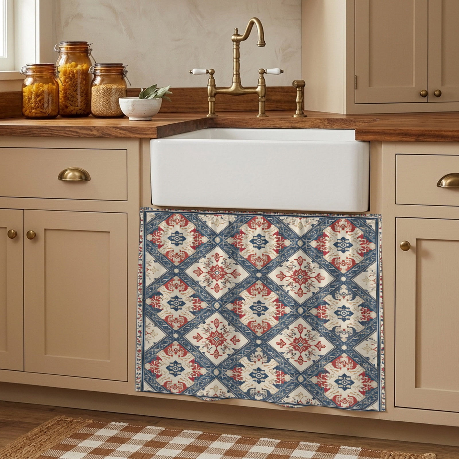 Blue Red Geometric Small Cabinet Curtains 10.8"W x 13.4"L, Vintage ...