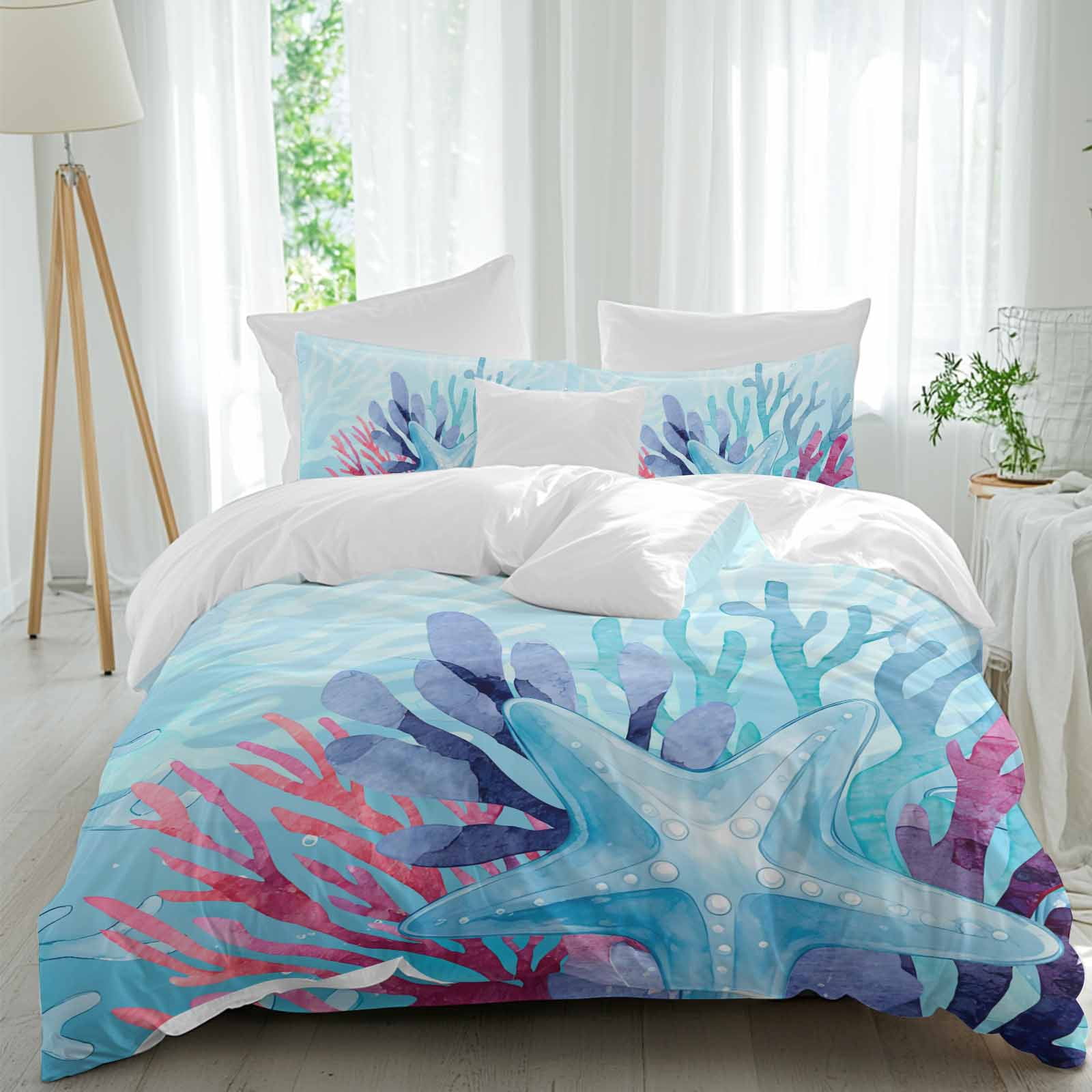 Blue Red Gradient Starfish Coral Comforter Set Full Size, Watercolor ...