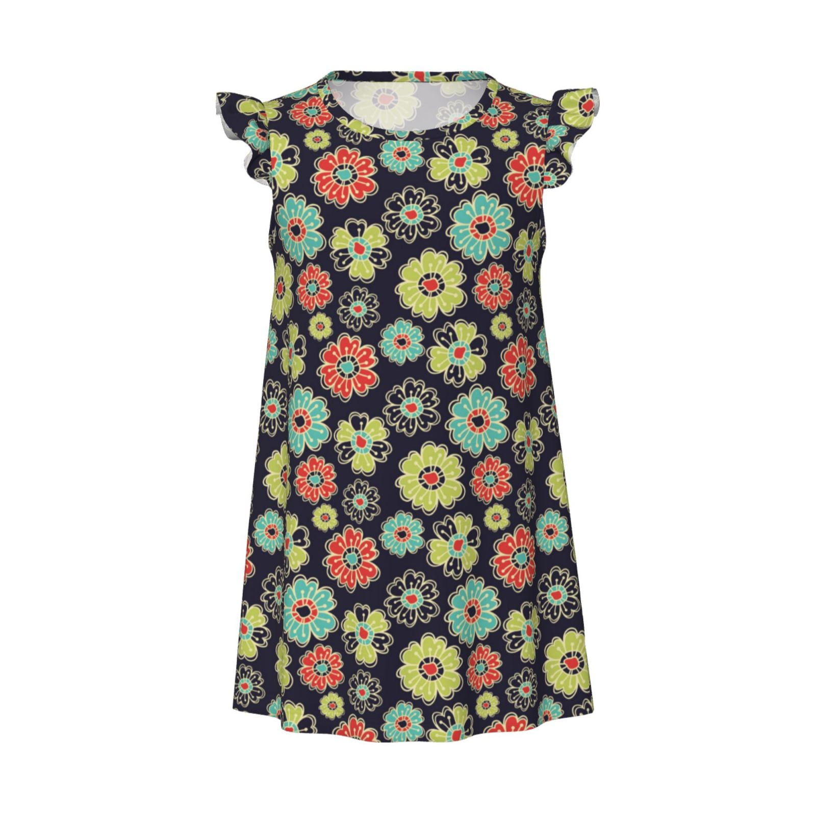 Blue Red Green Daisies Flowers Girls Nightgown, Flutter Short Sleeves ...