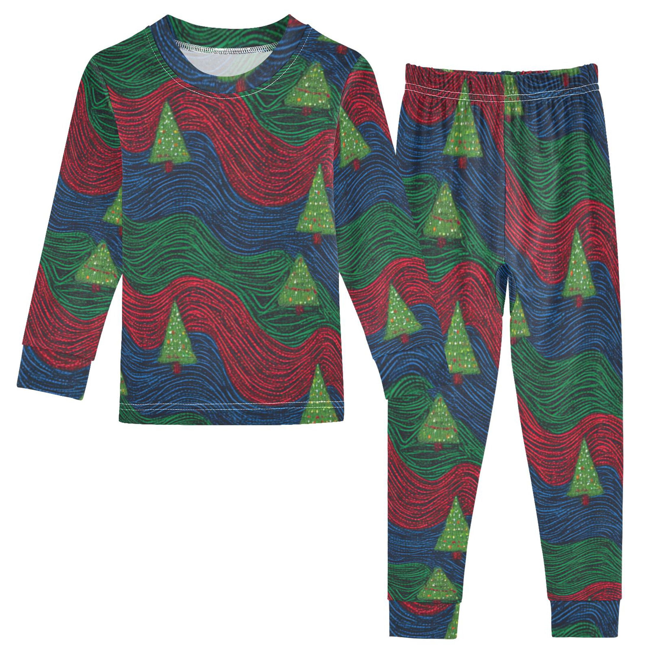 Blue Red Green Wave Christmas Trees Cotton Pajama Set Long Sleeve Top ...