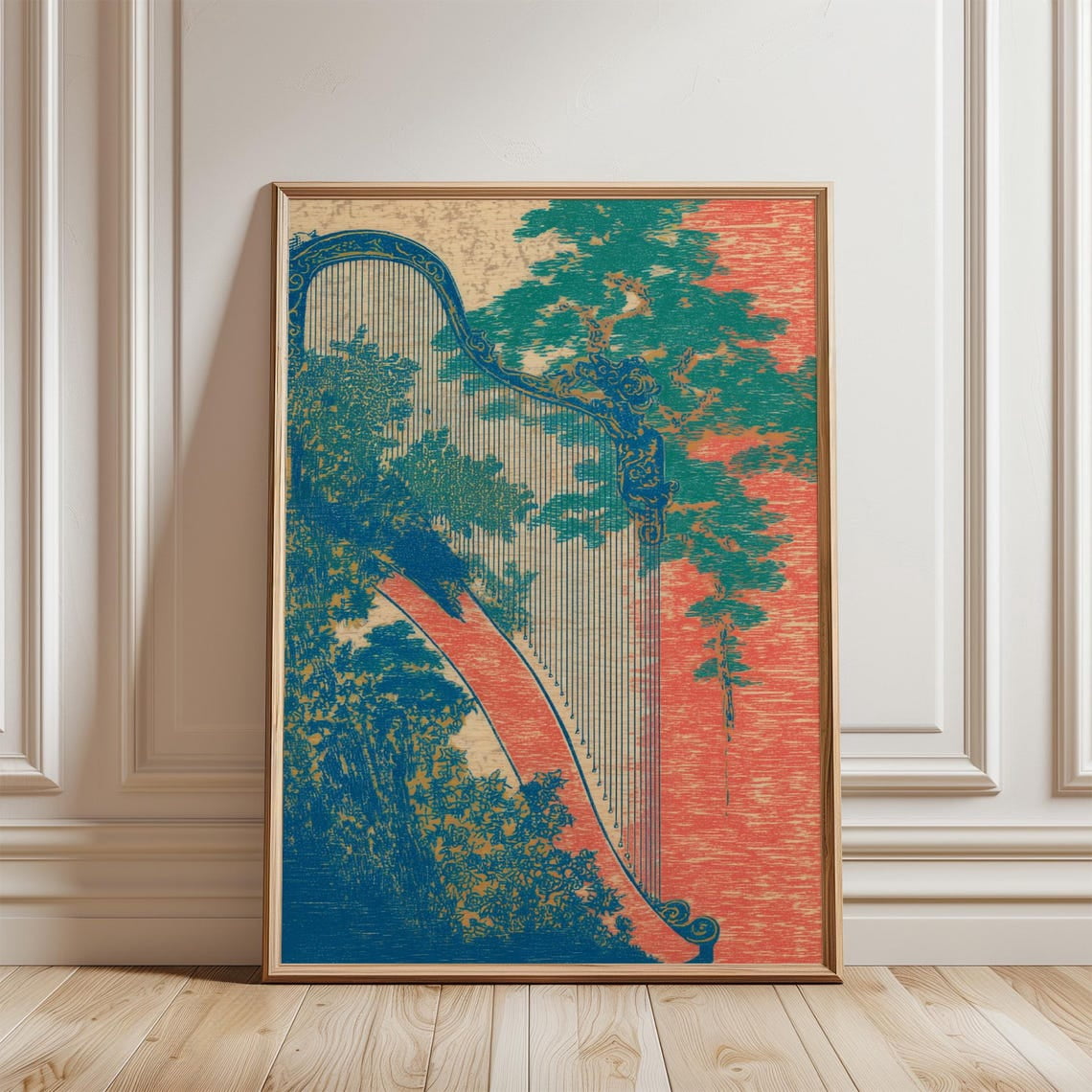 Blue Red Guzheng Poster Vintage Chinese Instrument Graphic Folk Music ...