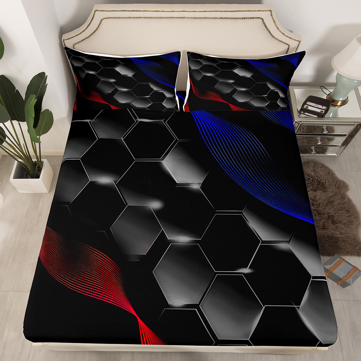 Blue and Red Hexagonal Queen Fitted Sheet,Geometric Stripes Sheets ...
