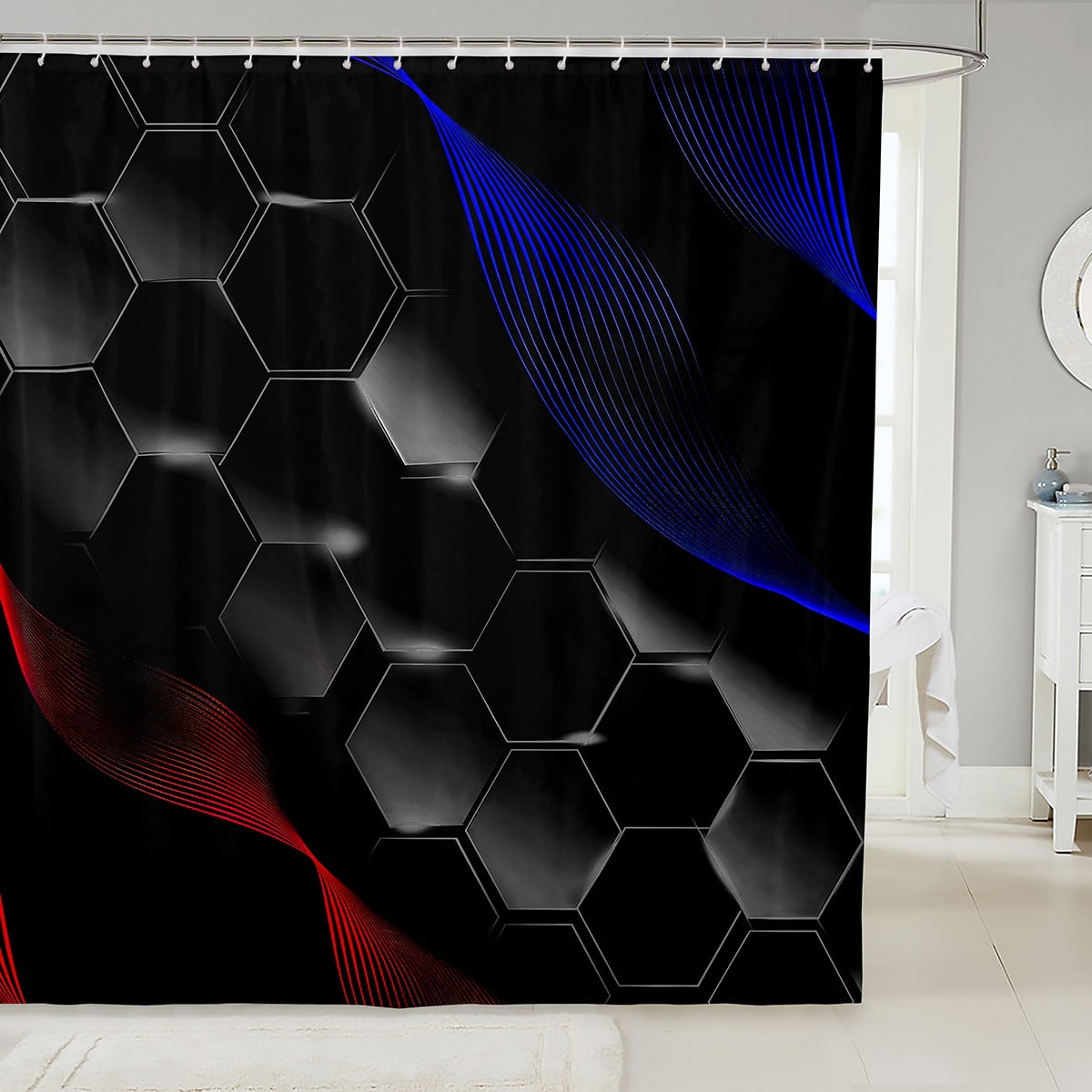 Blue and Red Hexagonal Shower Curtain 72"Wx72"L,Geometric Stripes Waterproof Bathroom Curtains ...