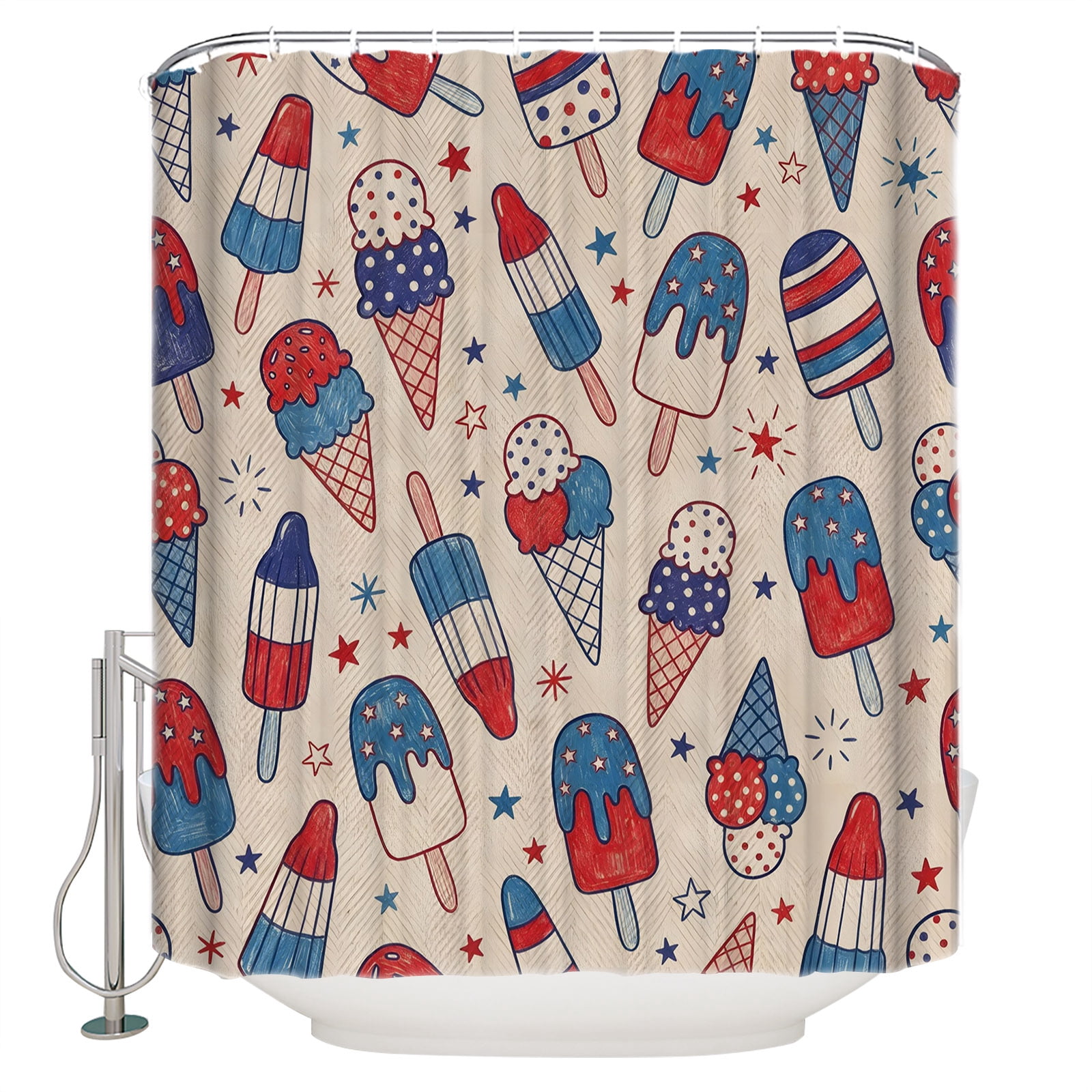 Blue Red Ice Cream Bathroom Shower Curtains with 12 Hooks Waterproof ...