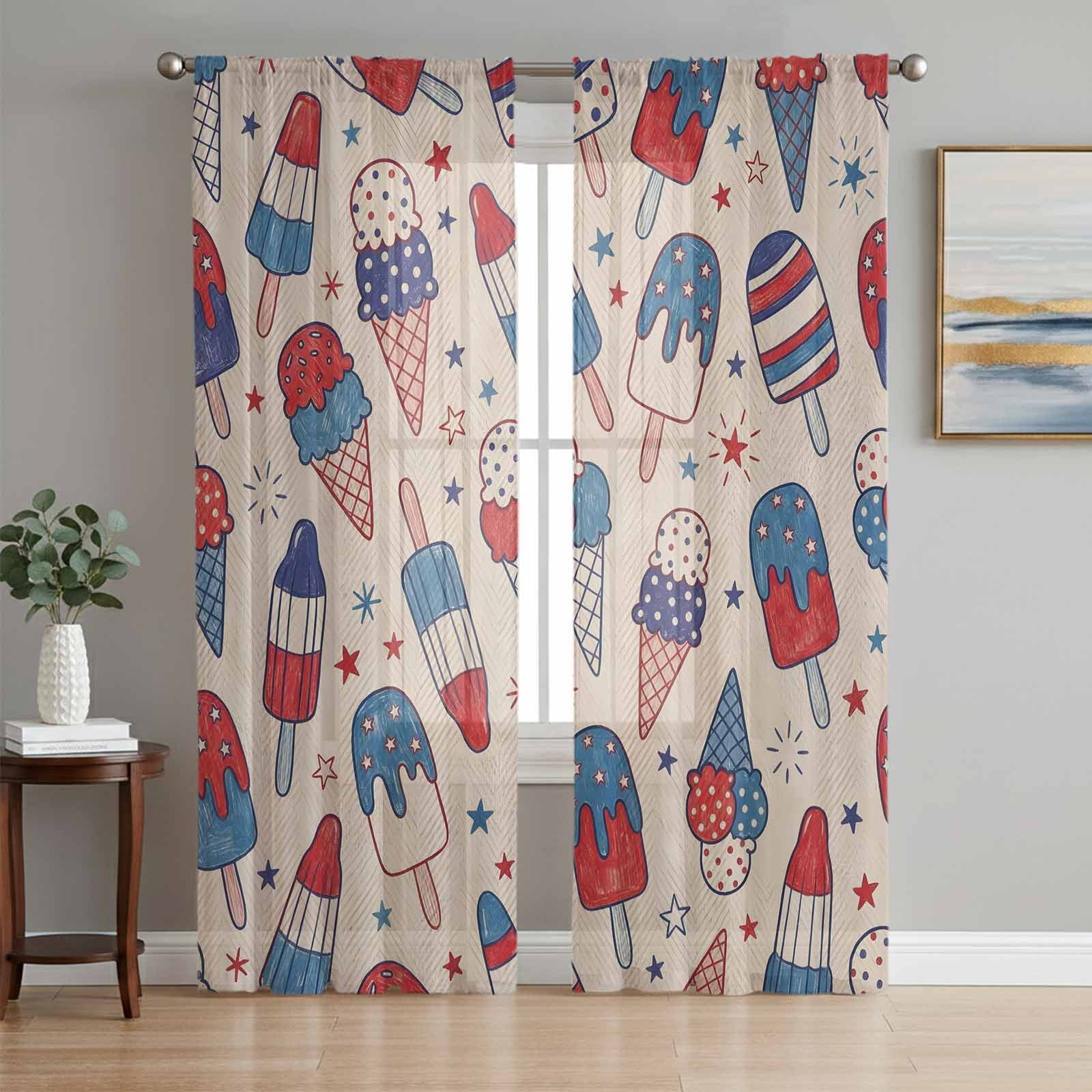 Blue Red Ice Cream Sheer Curtains 72 Inch Length 2 Panels Set, 4th of ...