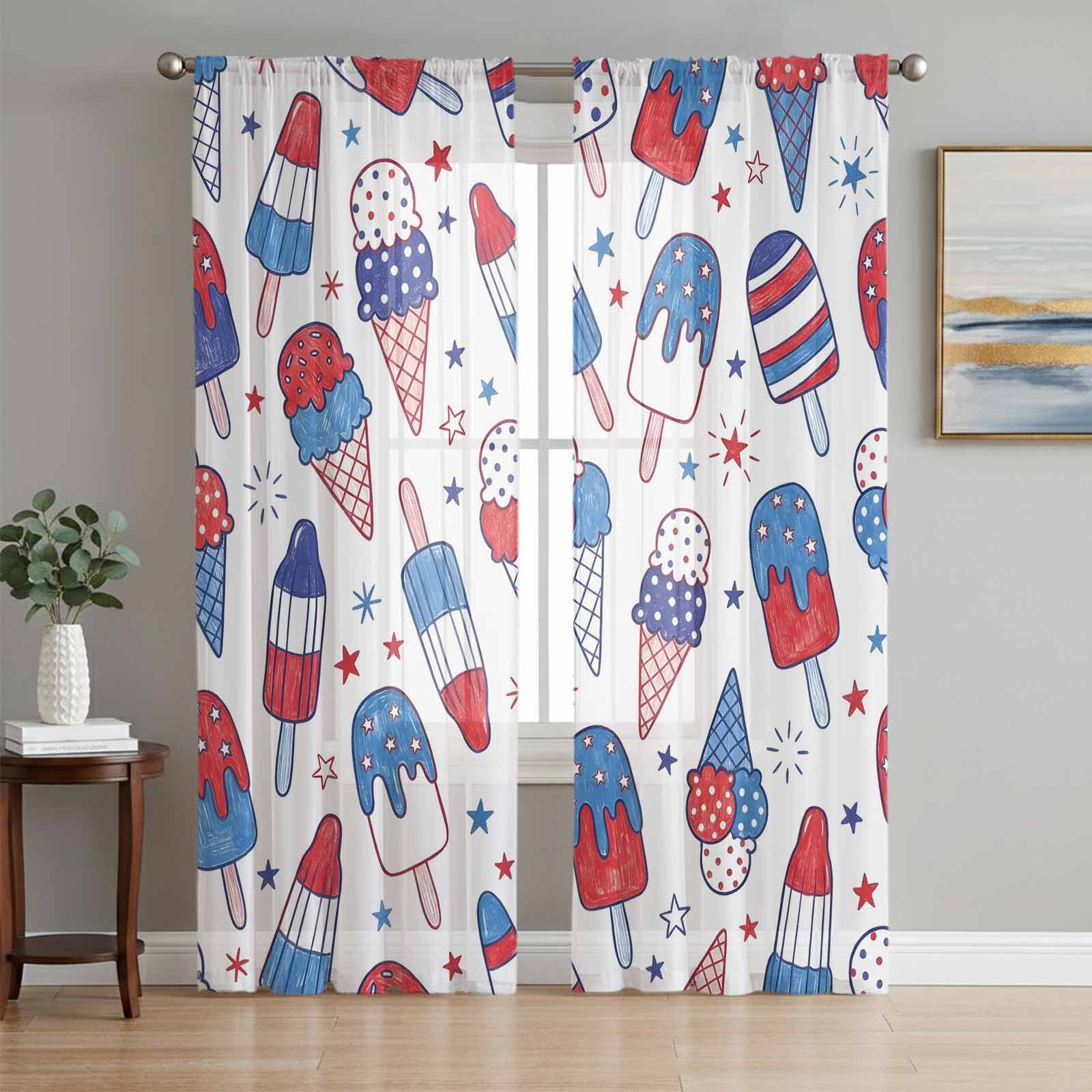 Blue Red Ice Cream Sheer Curtains 96 Inch Length 2 Panels Set, 4th of ...